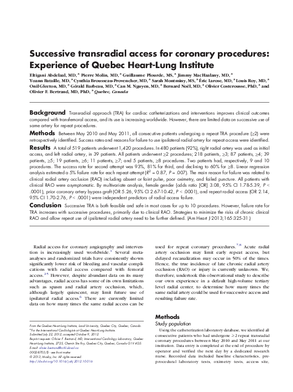 (PDF) Successive transradial access for coronary procedures: Experience of Quebec Heart-Lung ...