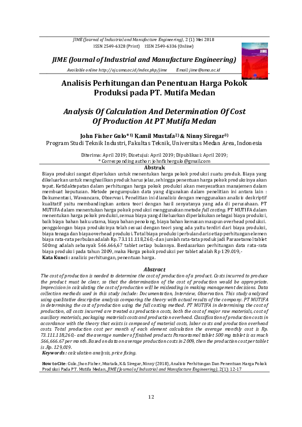 (PDF) Analisis Perhitungan Dan Penentuan Harga Pokok Produksi Pada PT. Mutifa Medan