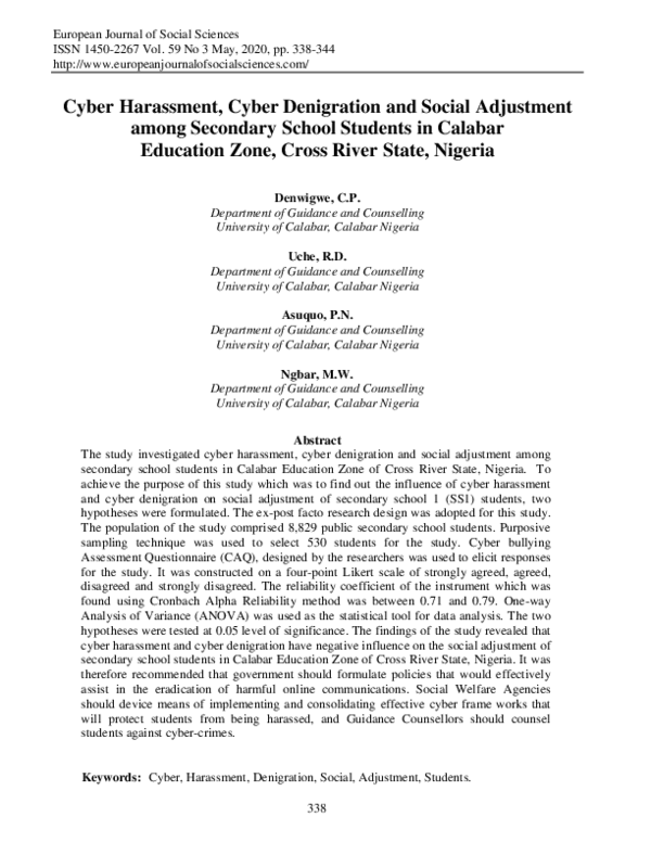 (PDF) Cyber Harassment, Cyber Denigration and Social Adjustment among ...