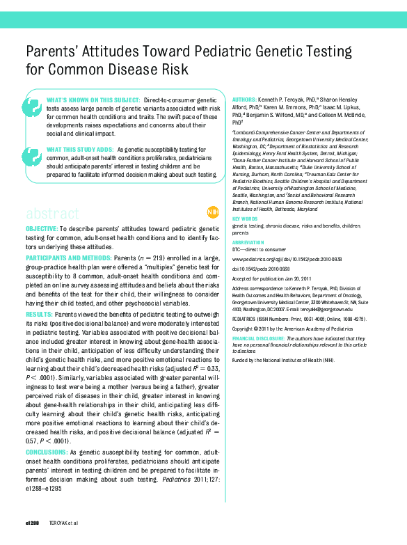 (PDF) Parents' Attitudes Toward Pediatric Genetic Testing for Common ...