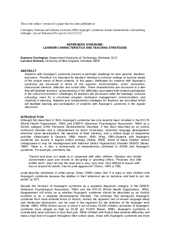 (PDF) Asperger's syndrome: learner characteristics and teaching strategies