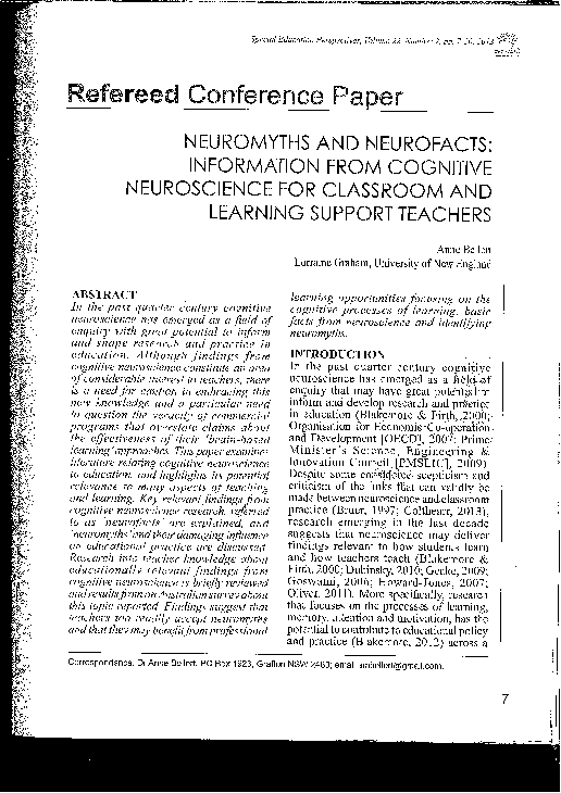 (PDF) Neuromyths and neurofacts: Information from cognitive psychology ...