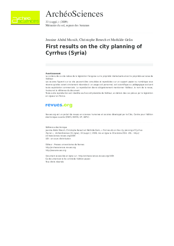 (PDF) First results on the city planning of Cyrrhus (Syria)