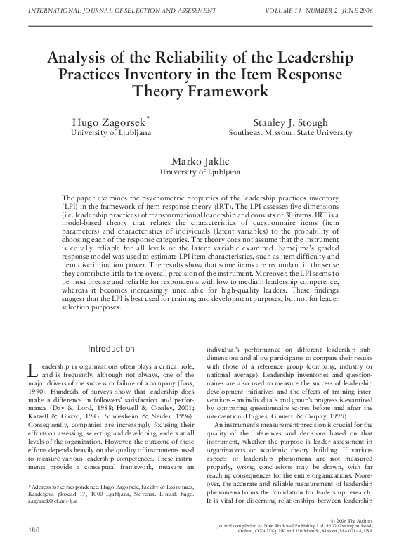 (PDF) Analysis of the reliability of the leadership practices inventory ...