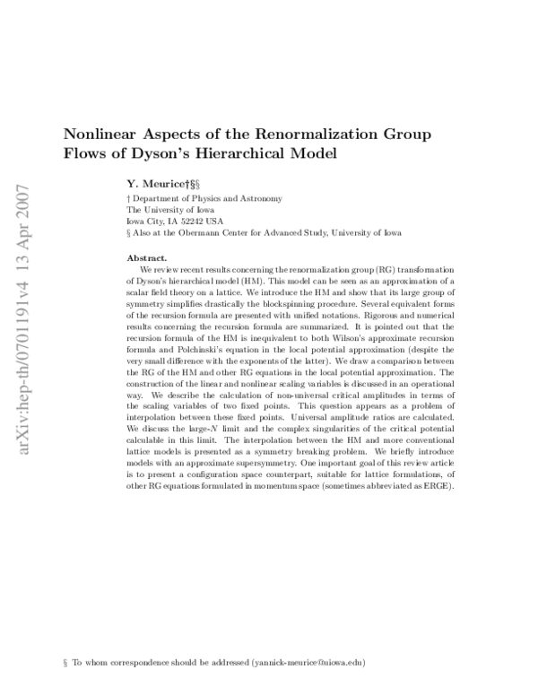 (PDF) Nonlinear aspects of the renormalization group flows of Dyson's hierarchical model ...