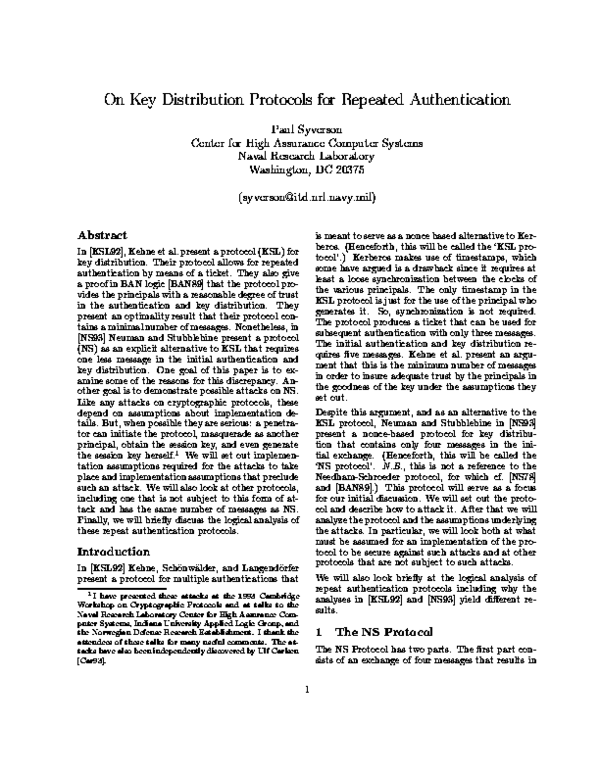 (PDF) On key distribution protocols for repeated authentication