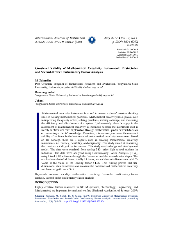 (PDF) Construct Validity of Mathematical Creativity Instrument: First-Order and Second-Order ...