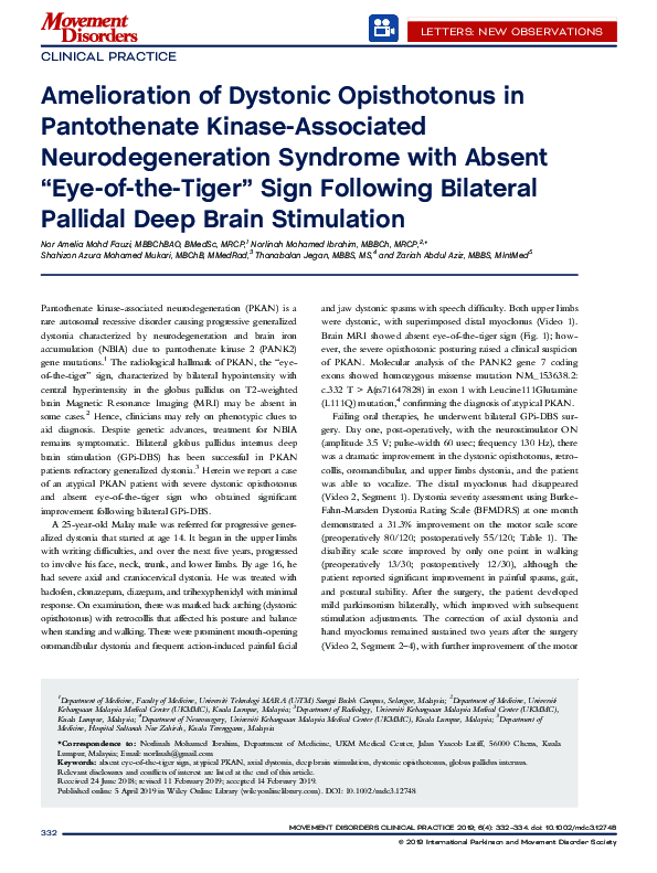 (PDF) Amelioration of dystonic opisthotonus in Pantothenate Kinase ...