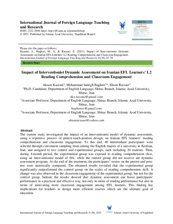 (PDF) Impact of Interventionist Dynamic Assessment on Iranian EFL Learners’ L2 Reading ...