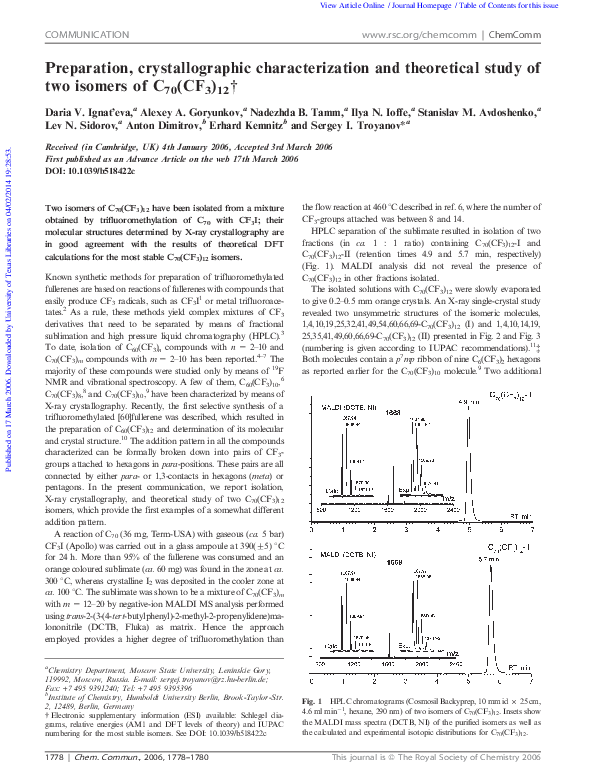 (PDF) Preparation, crystallographic characterization and theoretical study of two isomers of C70 ...