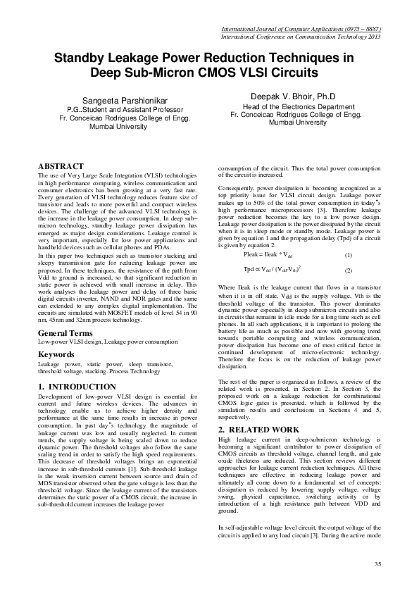 Pdf Standby Leakage Power Reduction Techniques In Deep Sub Micron Cmos Vlsi Circuits