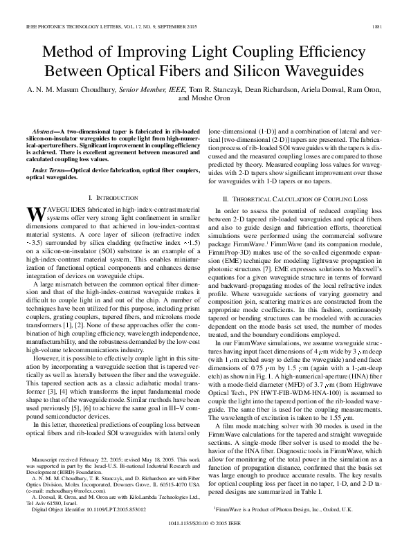 Pdf Method Of Improving Light Coupling Efficiency Between Optical Fibers And Silicon Waveguides