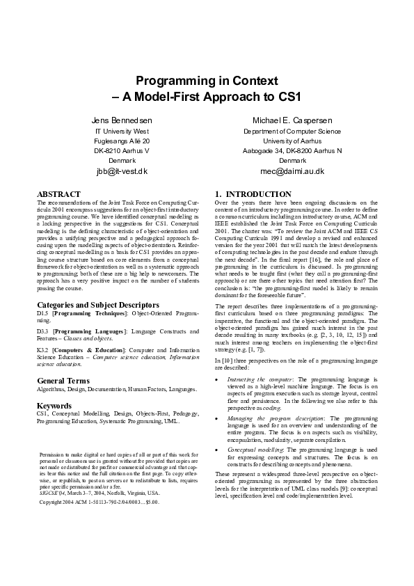Pdf Programming In Context A Model First Approach To Cs1