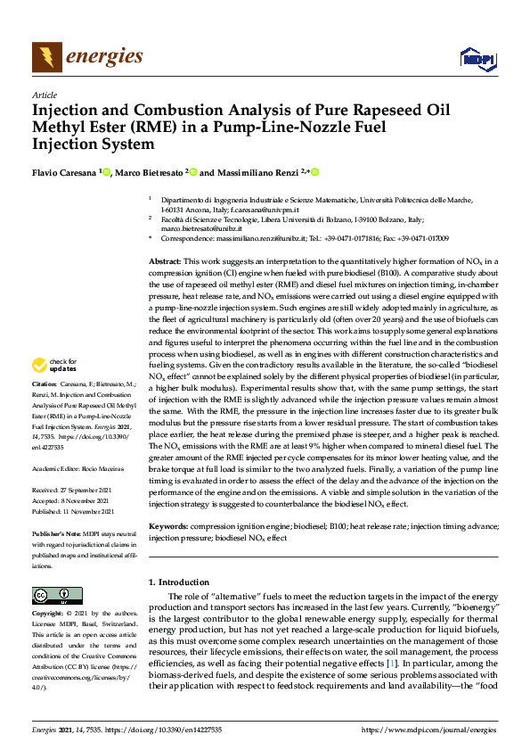 (PDF) Injection and Combustion Analysis of Pure Rapeseed Oil Methyl ...