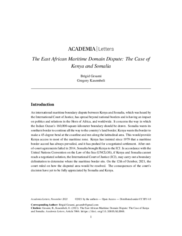 (PDF) The East African Maritime Domain Dispute: The Case of Kenya and ...