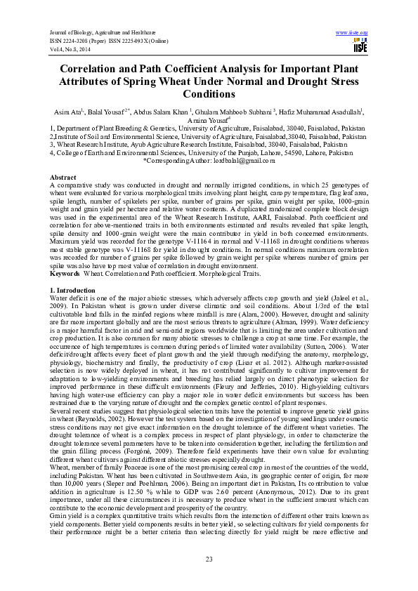 (PDF) Path Analysis of Wheat Traits Under Normal and Drought Conditions