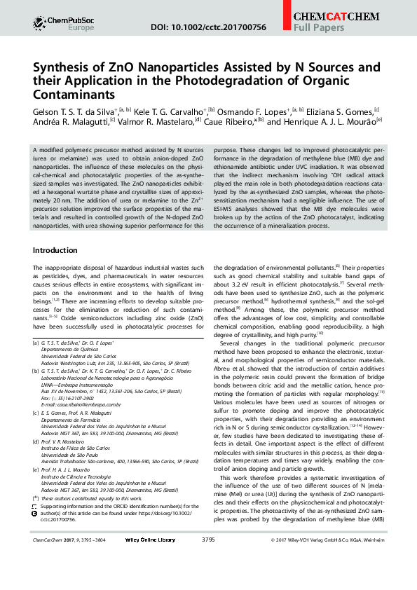 (PDF) Synthesis of ZnO Nanoparticles Assisted by N Sources and their Application in the ...