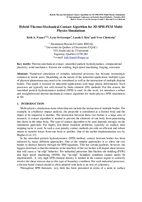 (PDF) Hybrid Thermo-Mechanical Contact Algorithm for 3D SPH-FEM Multi-Physics Simulations