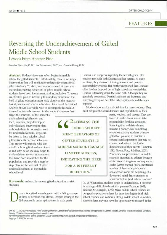 (PDF) Reversing the Underachievement of Gifted Middle School Students ...