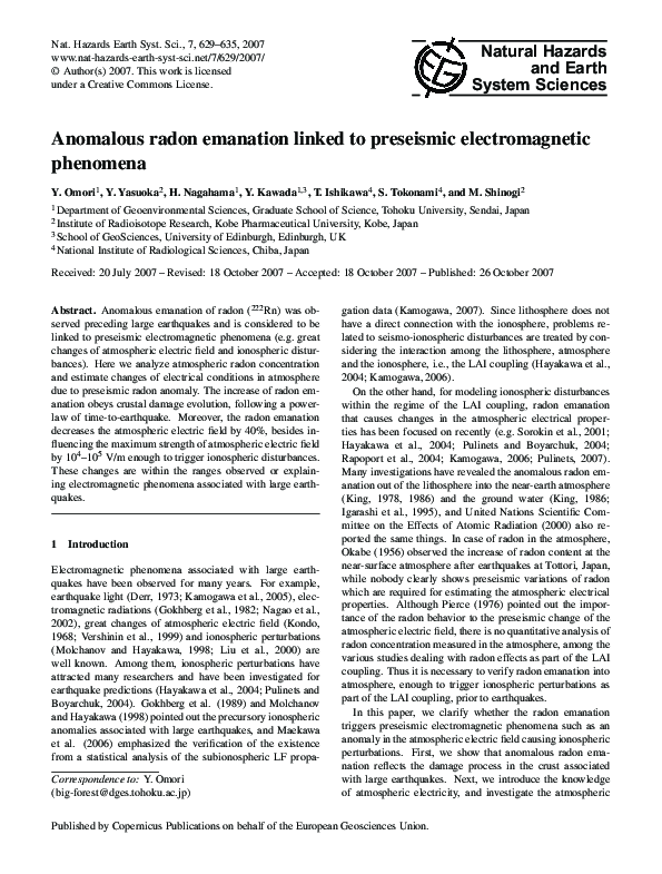 (PDF) Radon Emanation and Preseismic Electromagnetism