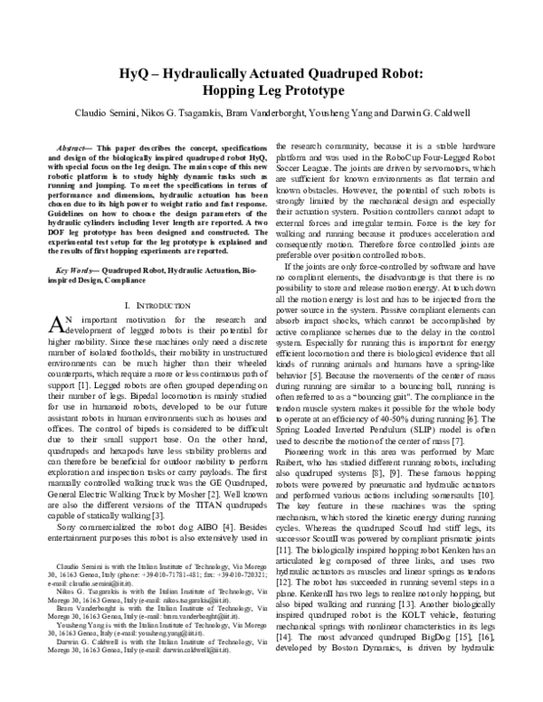 (PDF) HyQ - Hydraulically actuated quadruped robot: Hopping leg prototype