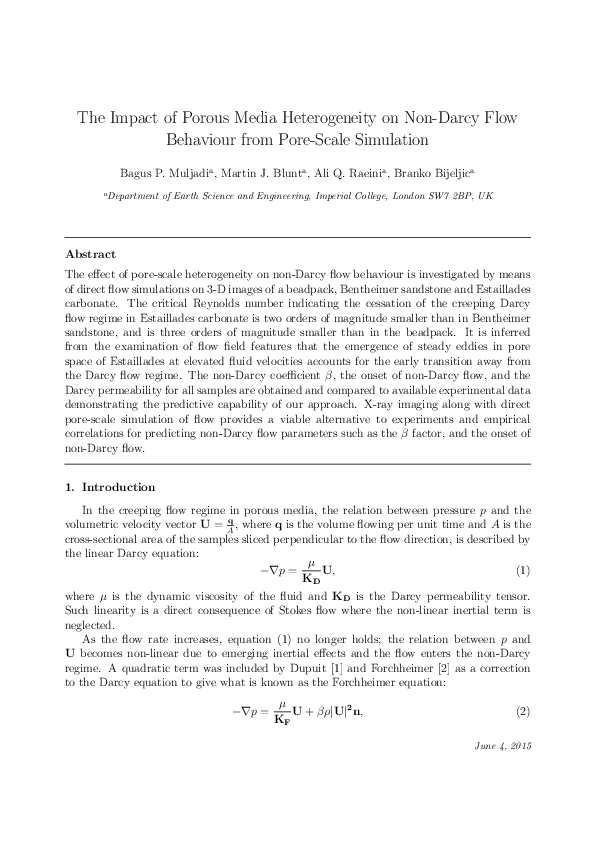 Pdf The Impact Of Porous Media Heterogeneity On Non Darcy Flow Behaviour From Pore Scale
