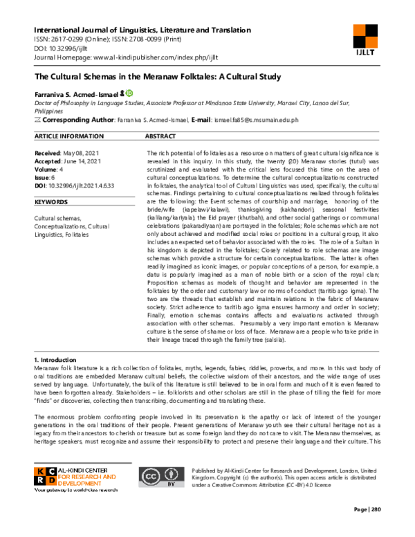 (PDF) The Cultural Schemas in the Meranaw Folktales: A Cultural Study