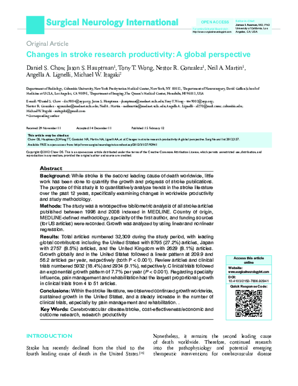 (PDF) Changes in stroke research productivity: A global perspective ...
