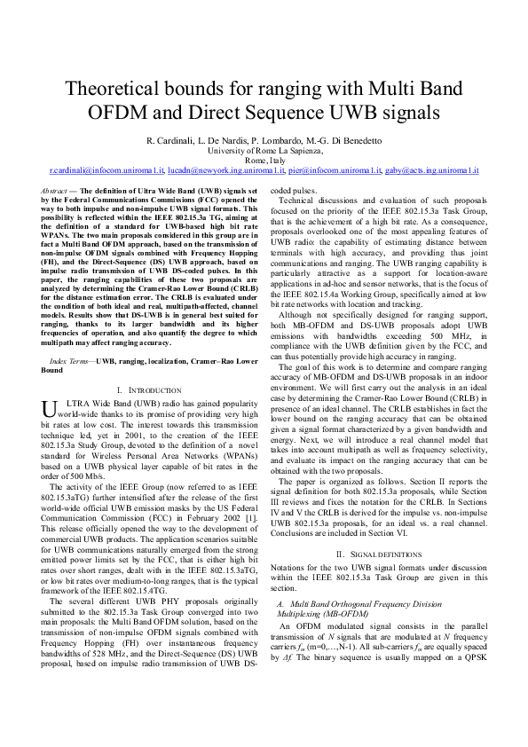(PDF) Theoretical bounds for ranging with Multi Band OFDM and Direct Sequence UWB signals ...