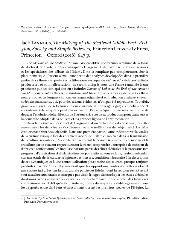 (PDF) Compte-rendu de Jack Tannous, The Making of the Medieval Middle ...
