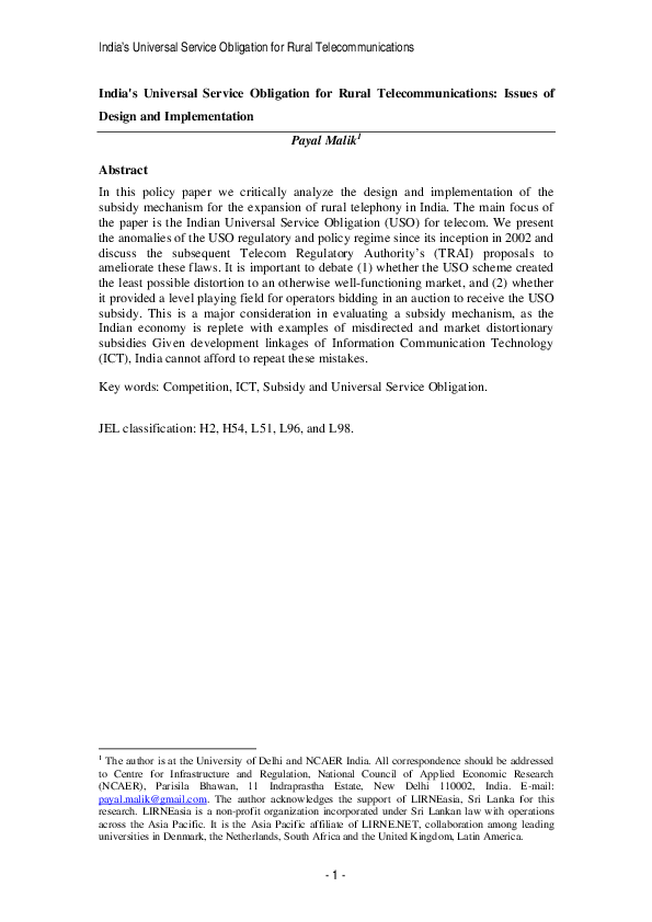 (PDF) India's Universal Service Obligation for Rural Telecommunications ...