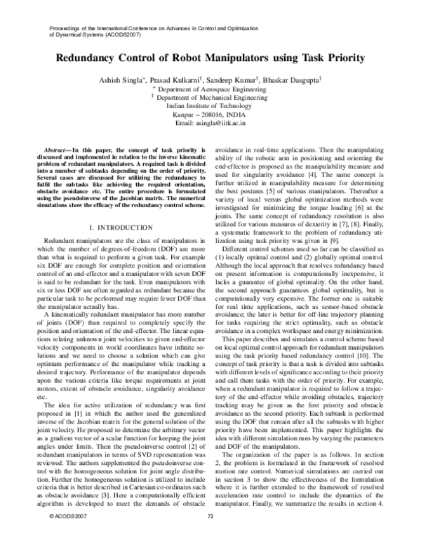 Pdf Redundancy Control Of Robot Manipulators Using Task Priority