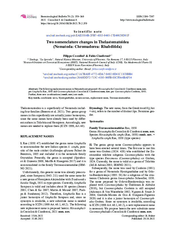 (PDF) Two nomenclature changes in Thelastomatoidea (Nematoda ...