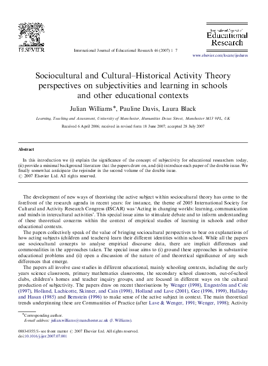 (PDF) Sociocultural and Cultural–Historical Activity Theory ...