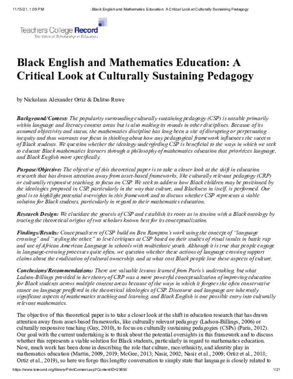 (PDF) Black English and Mathematics Education: A Critical Look at ...