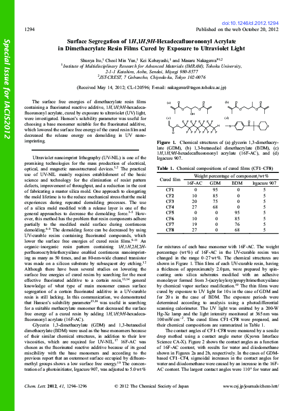 (PDF) Surface Segregation of 1H,1H,9H-Hexadecafluorononyl Acrylate in ...