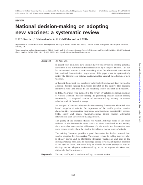 (PDF) National decision-making on adopting new vaccines: a systematic ...