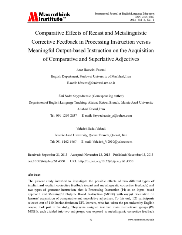 (PDF) Comparative Effects of Recast and Metalinguistic Corrective Feedback in Processing ...