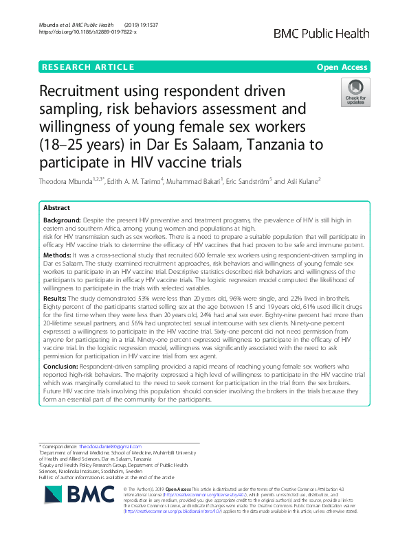 Pdf Recruitment Using Respondent Driven Sampling Risk Behaviors 6996