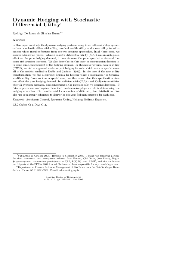 (PDF) Dynamic Hedging with Stochastic Diﬀerential Utility