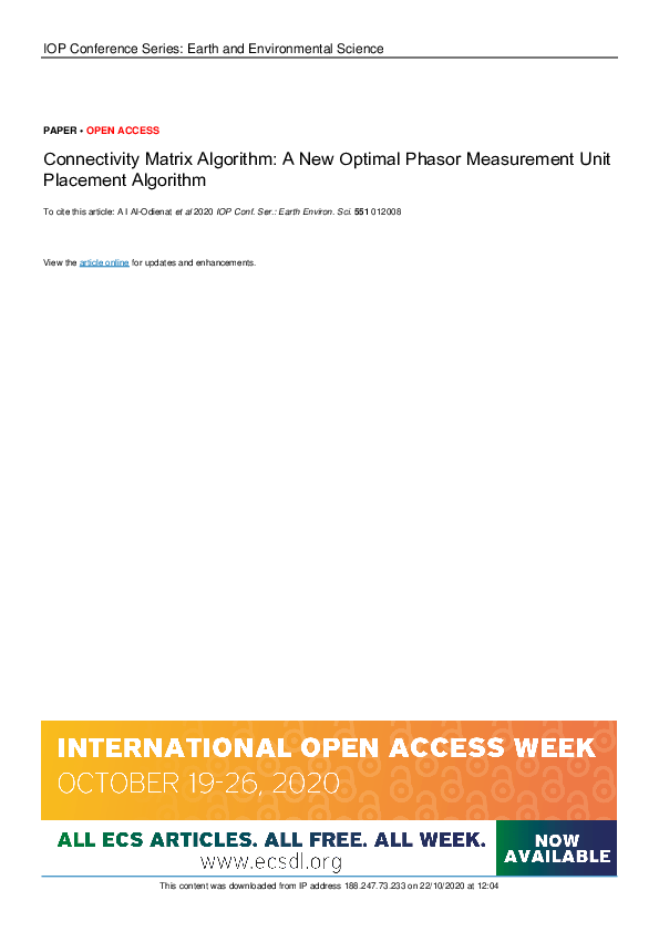(PDF) Connectivity Matrix Algorithm: A New Optimal Phasor Measurement Unit Placement Algorithm