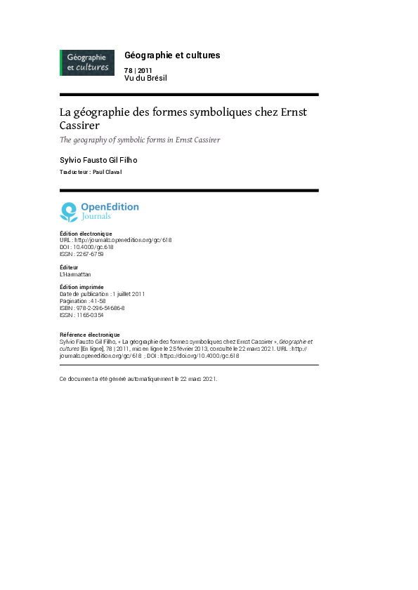 (PDF) La géographie des formes symboliques chez Ernst Cassirer