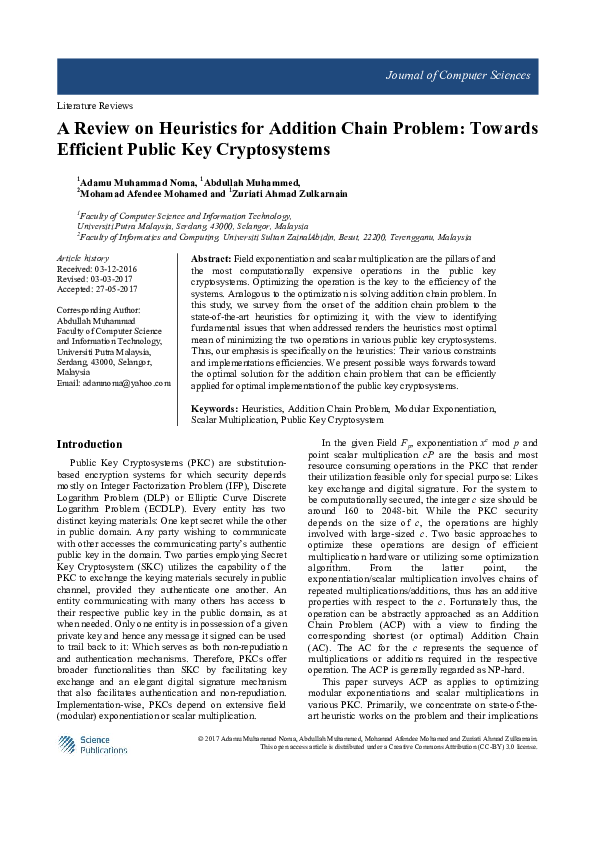Pdf A Review On Heuristics For Addition Chain Problem Towards Efficient Public Key Cryptosystems