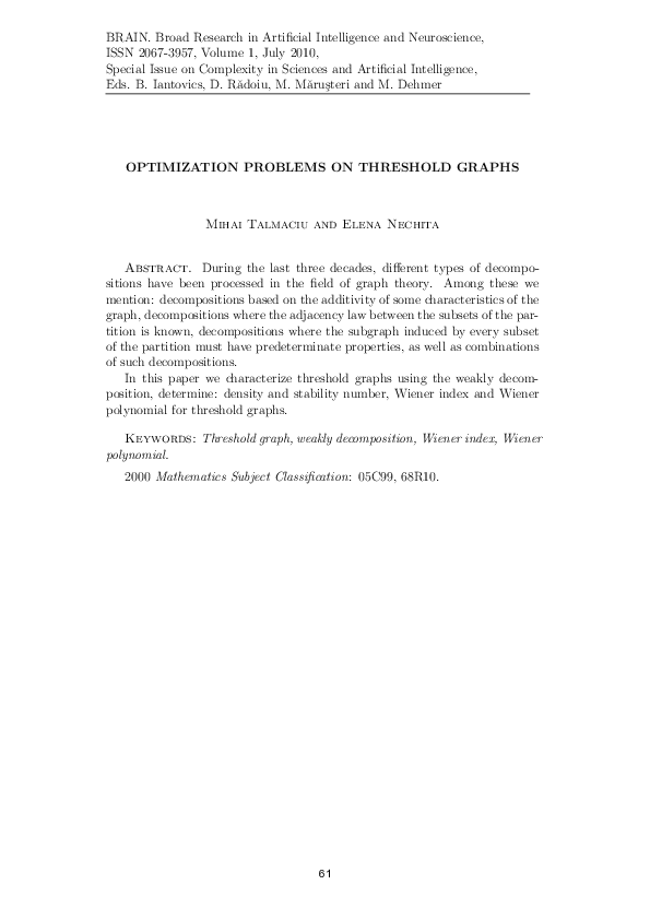 (PDF) Optimization Problems on Threshold Graphs