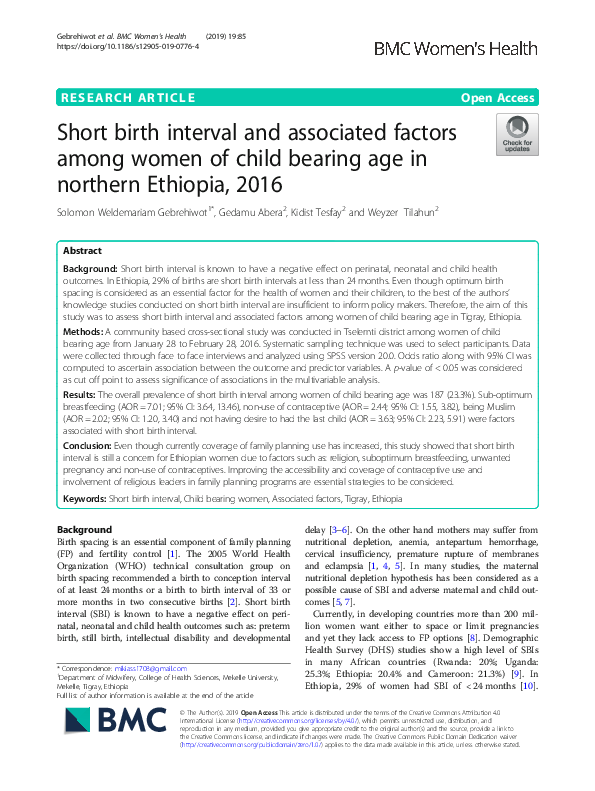 (PDF) Short birth interval and associated factors among women of child ...