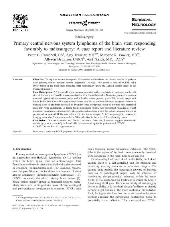 (PDF) Primary central nervous system lymphoma of the brain stem responding favorably to ...