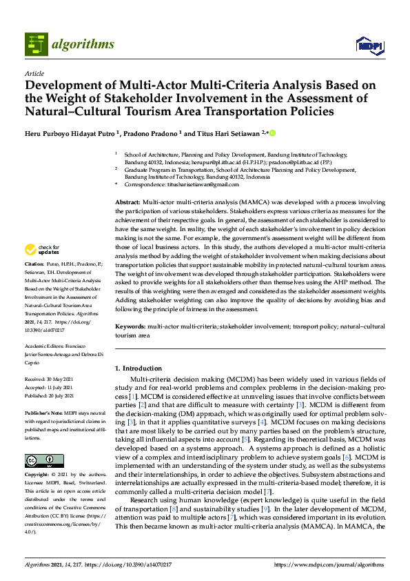 (PDF) Development of Multi-Actor Multi-Criteria Analysis Based on the Weight of Stakeholder ...