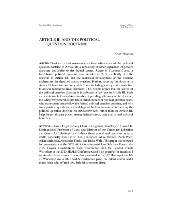 (PDF) Article III and the Political Question Doctrine