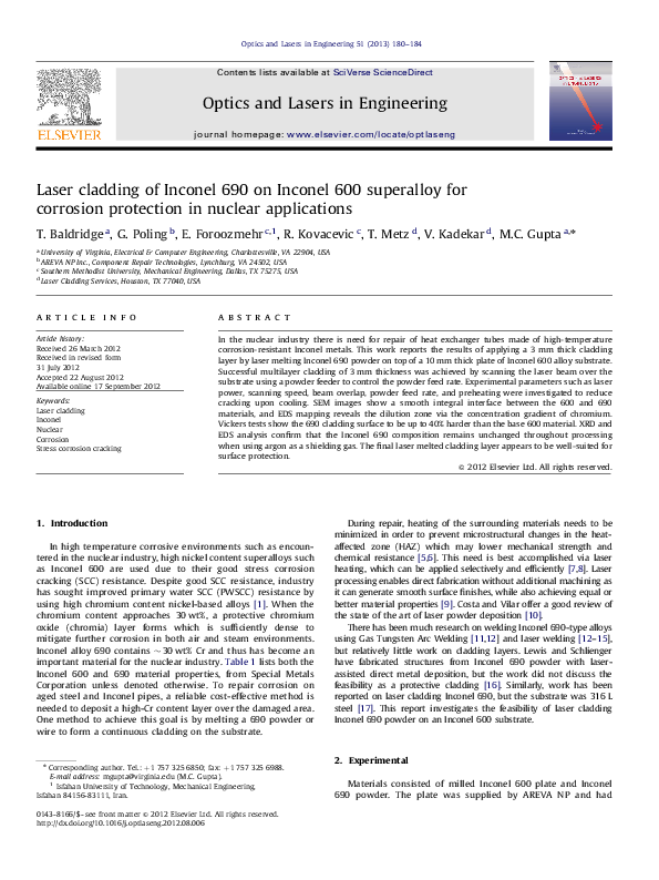 (PDF) Laser cladding of Inconel 690 on Inconel 600 superalloy for ...