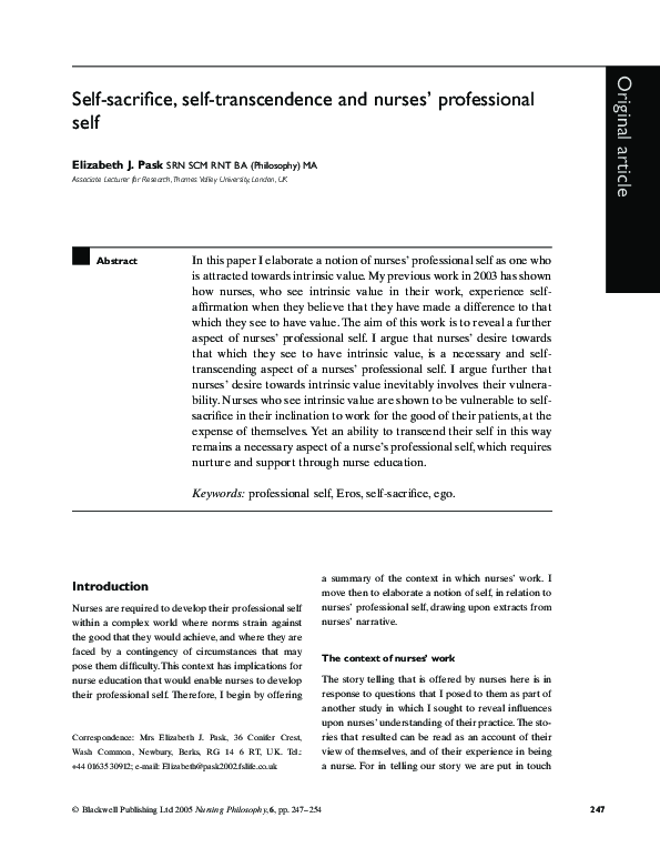 (PDF) Self-sacrifice, self-transcendence and nurses' professional self